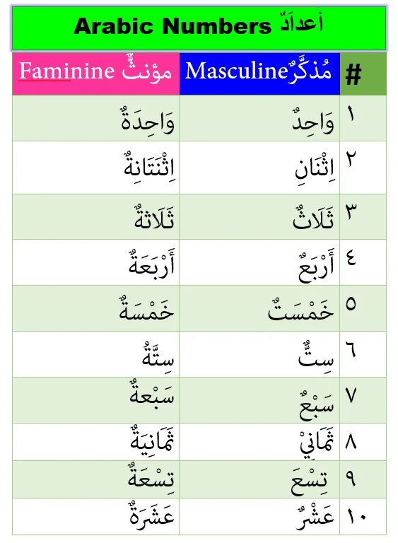 Spelling Numbers Arabic Feminine Masculine